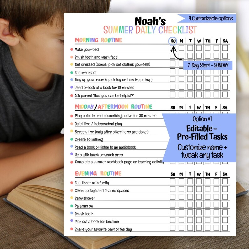 Editable Summer Routine Checklist for Kids | Daily Schedule Chart ...