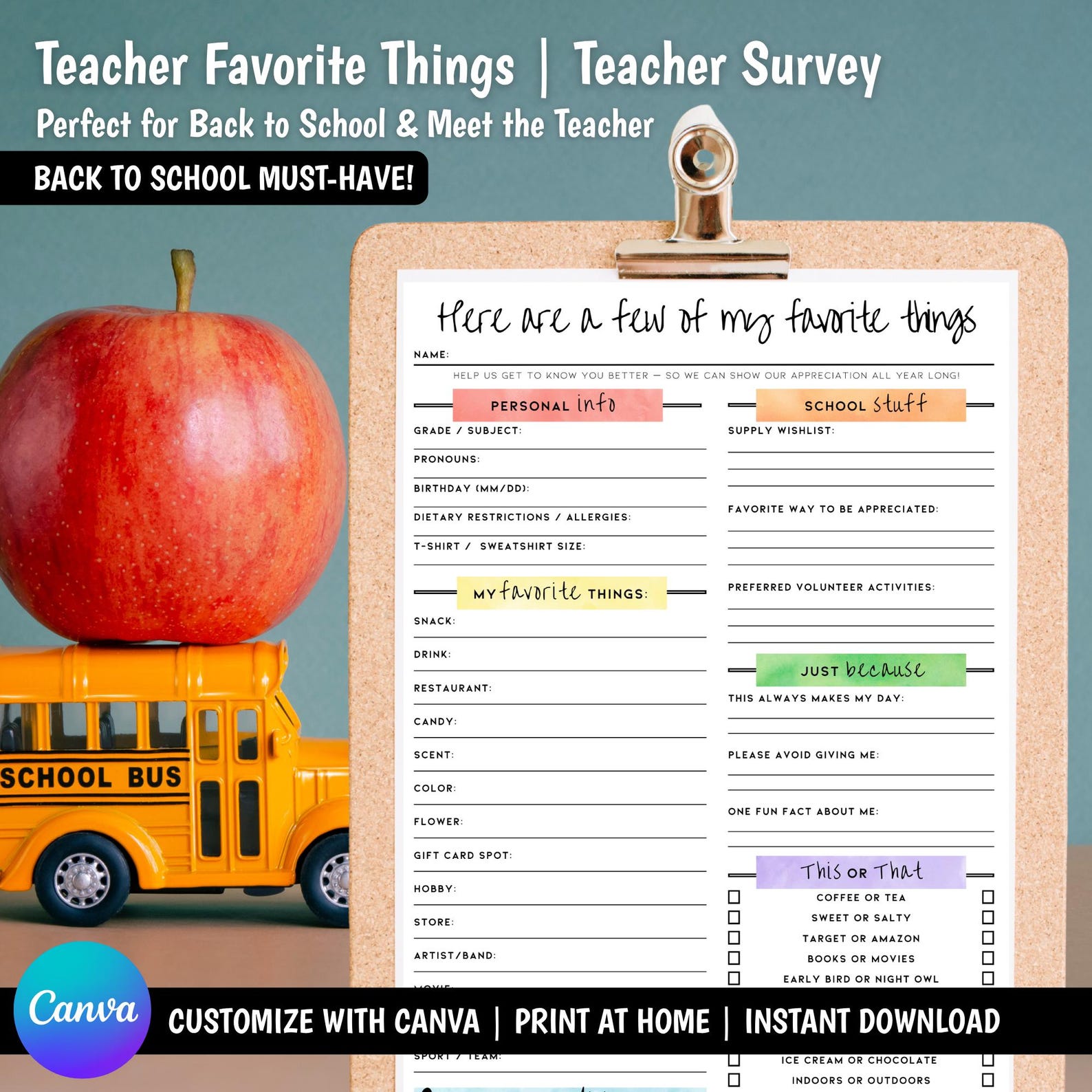 Editable Teacher Favorite Things Questionnaire Printable | All About My ...