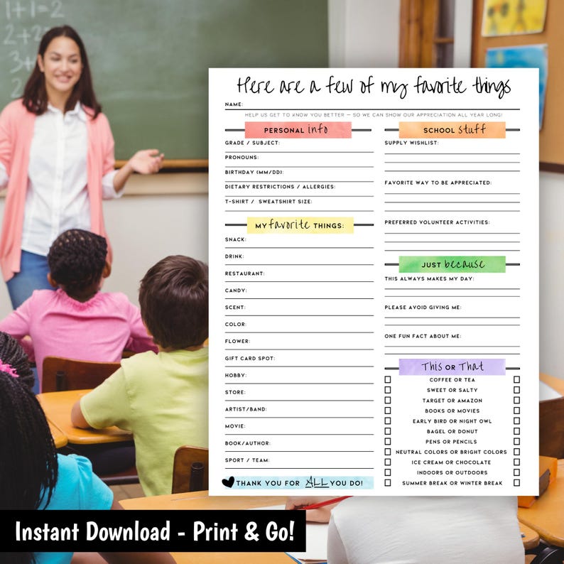 Teacher Favorite Things Questionnaire Printable | All About My Teacher ...