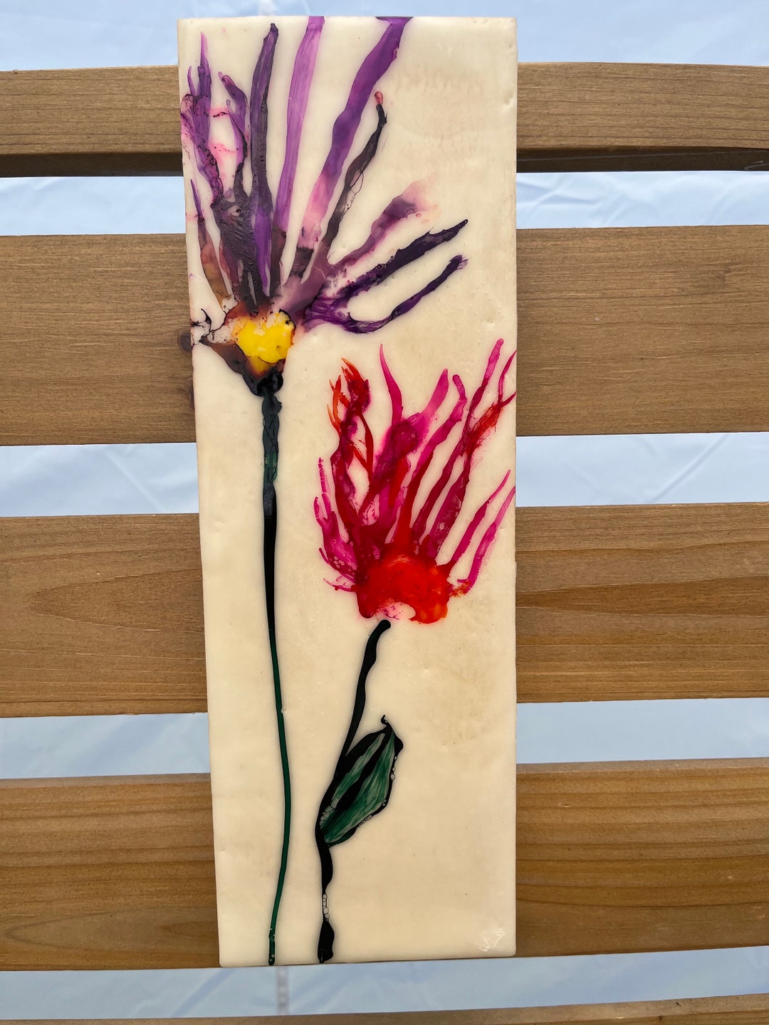 Abstract Flower Original Encaustic Painting, 4"x12”, Alcohol Ink ...