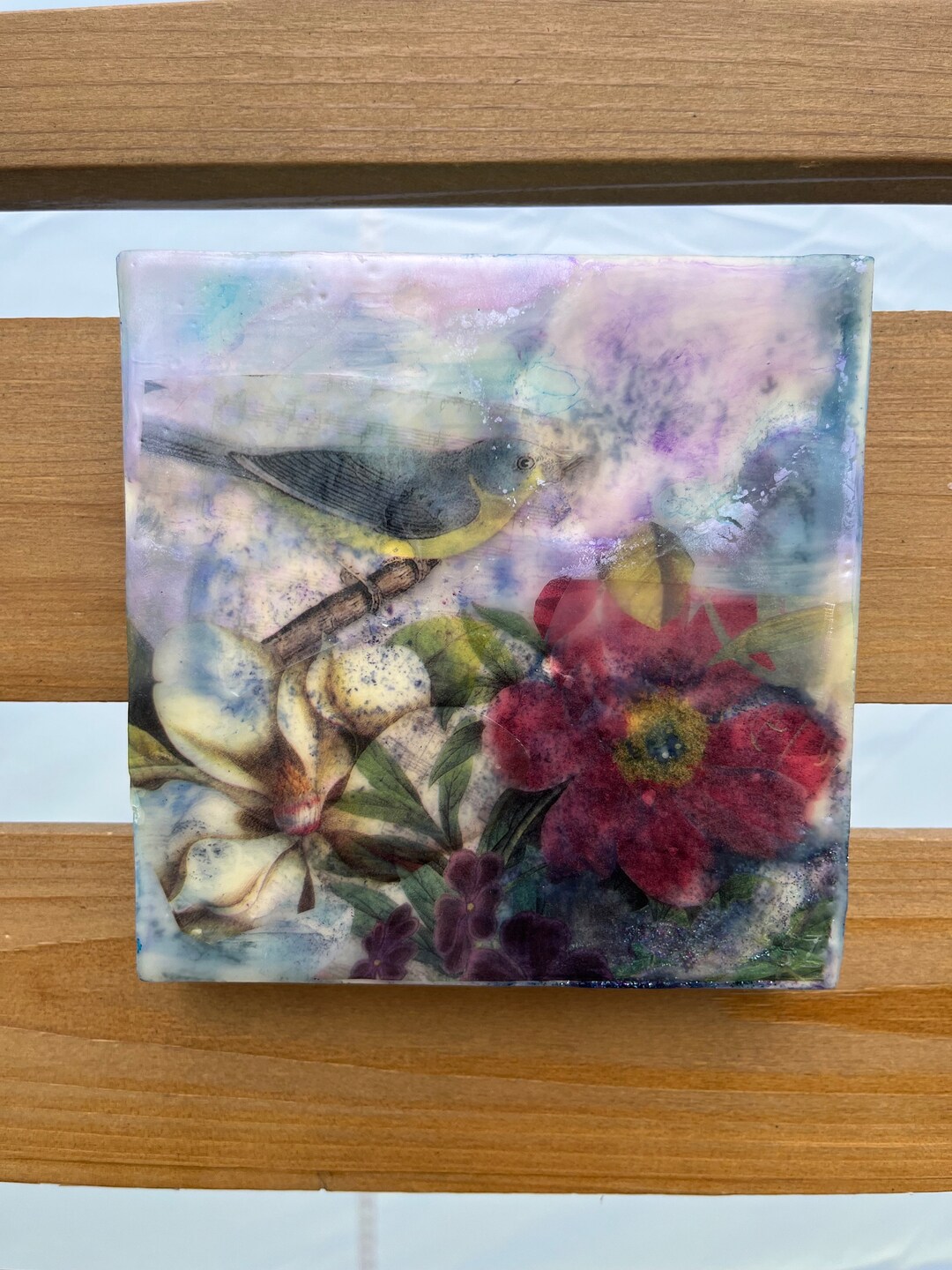 Original Encaustic Painting, 5”x5”, Flowers and Bird, Abstract Art ...