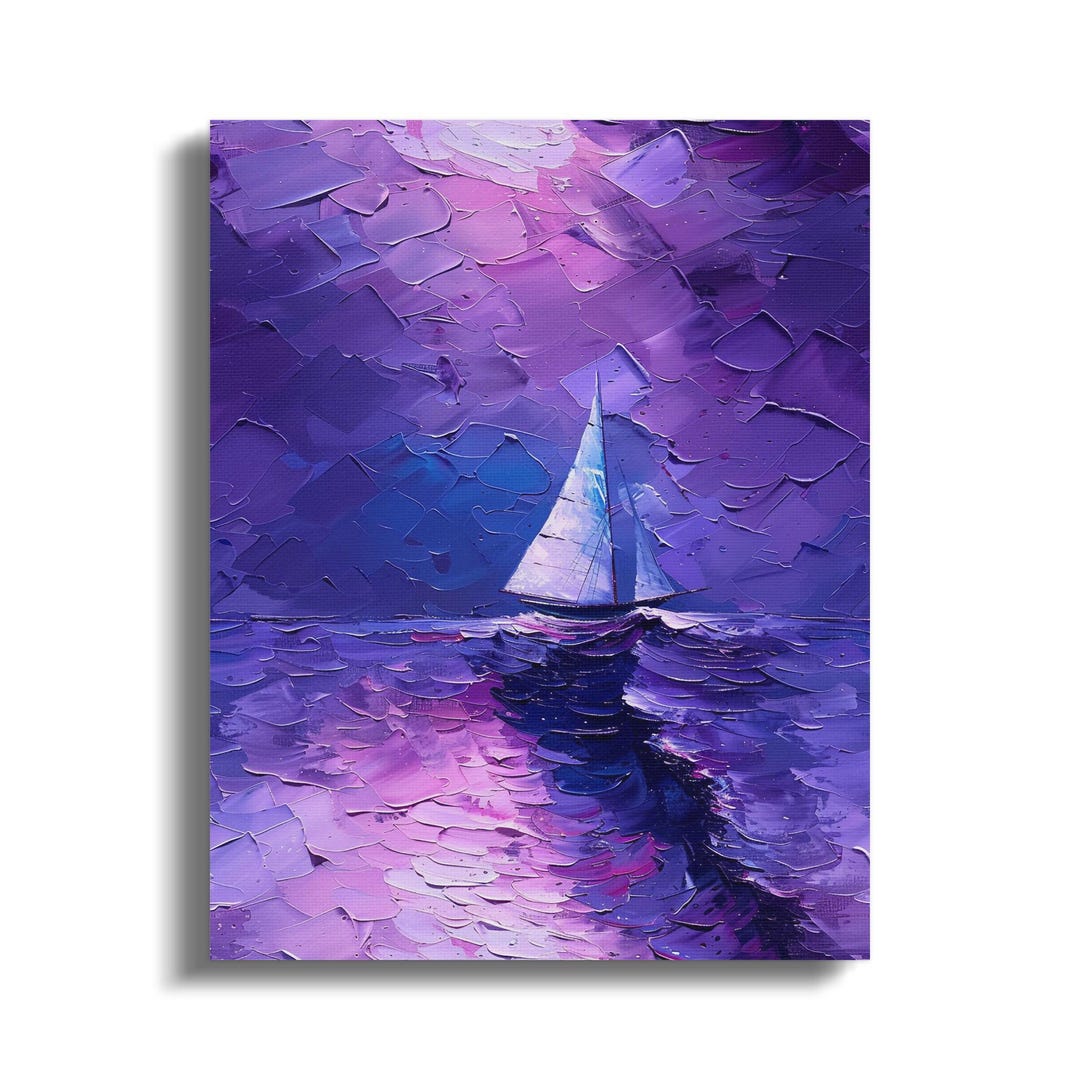 Purple Impasto Sailboat Painting, Textured Nautical Wall Art, Violet ...