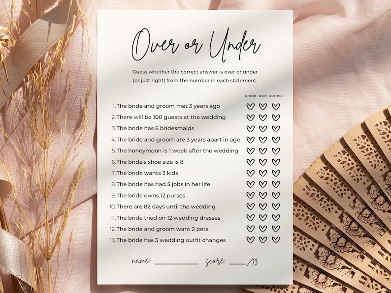 Over Or Under Bridal Shower Game Etsy