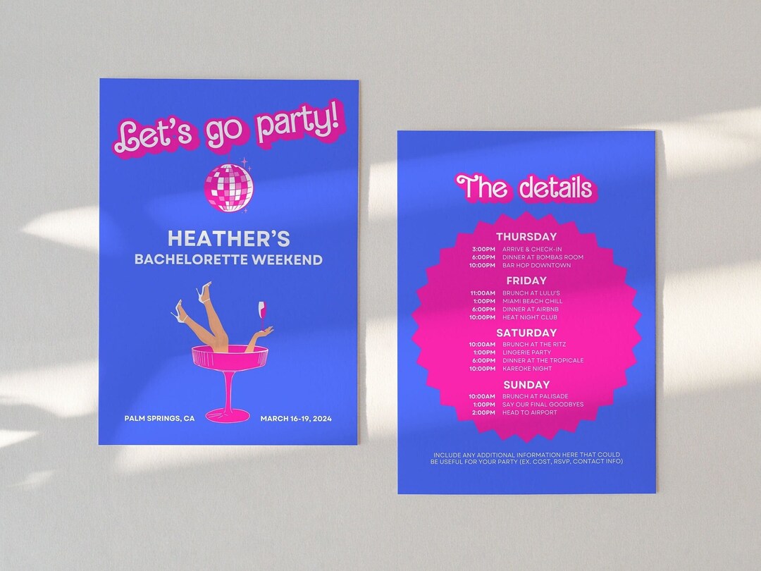 Let’s Go Party Bachelorette Party Invitation With Itinerary, Hot Pink ...