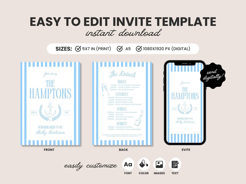 Hamptons Bachelorette Invitation and Itinerary Template for Beach ...