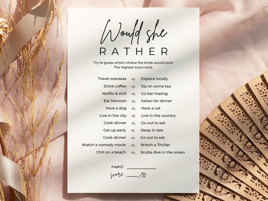Would She Rather Bridal Shower Game, Know the Bride (digital Download ...