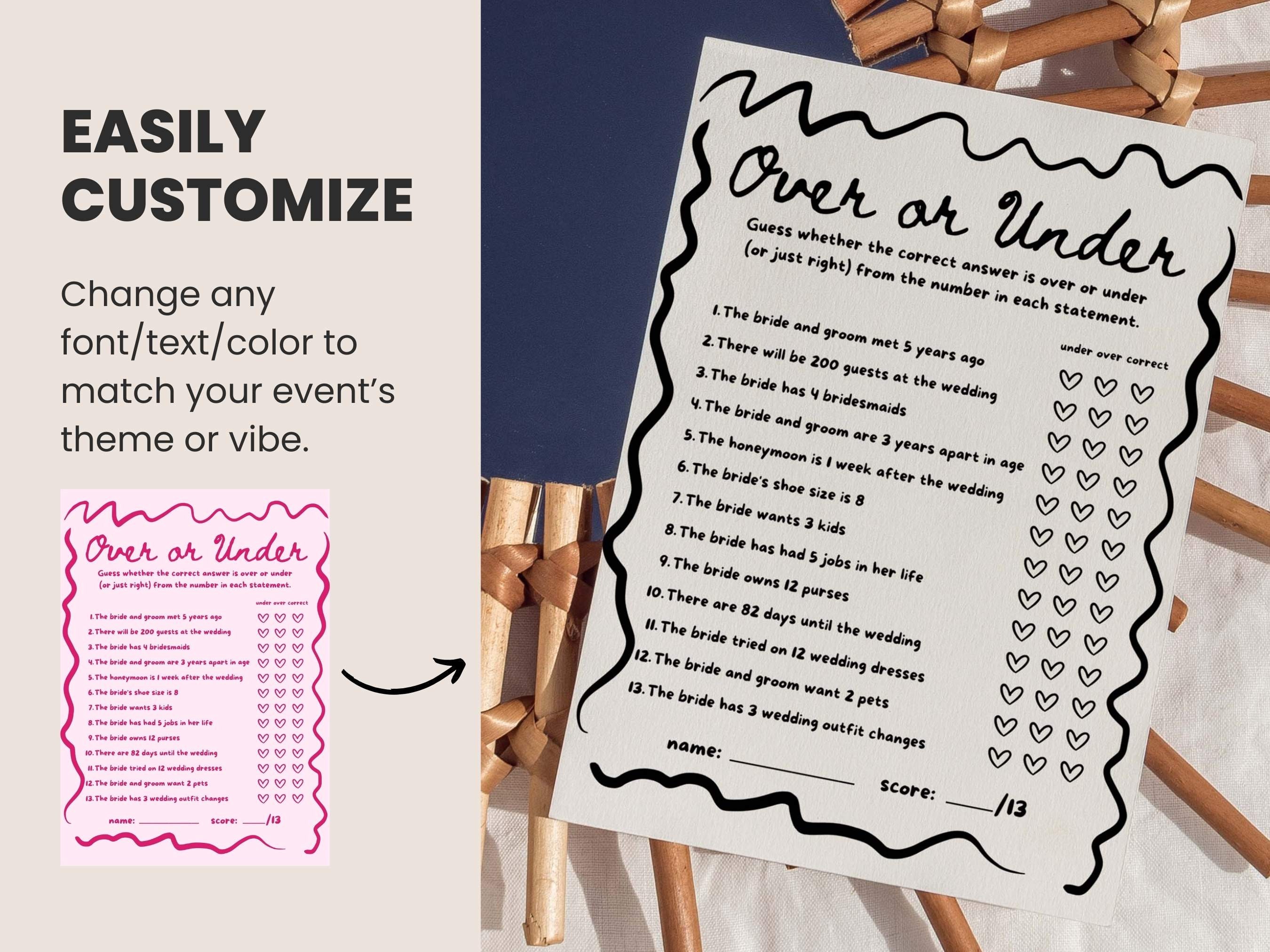 Over or Under Bridal Shower Game, Who Knows the Bride Best Shower Game ...