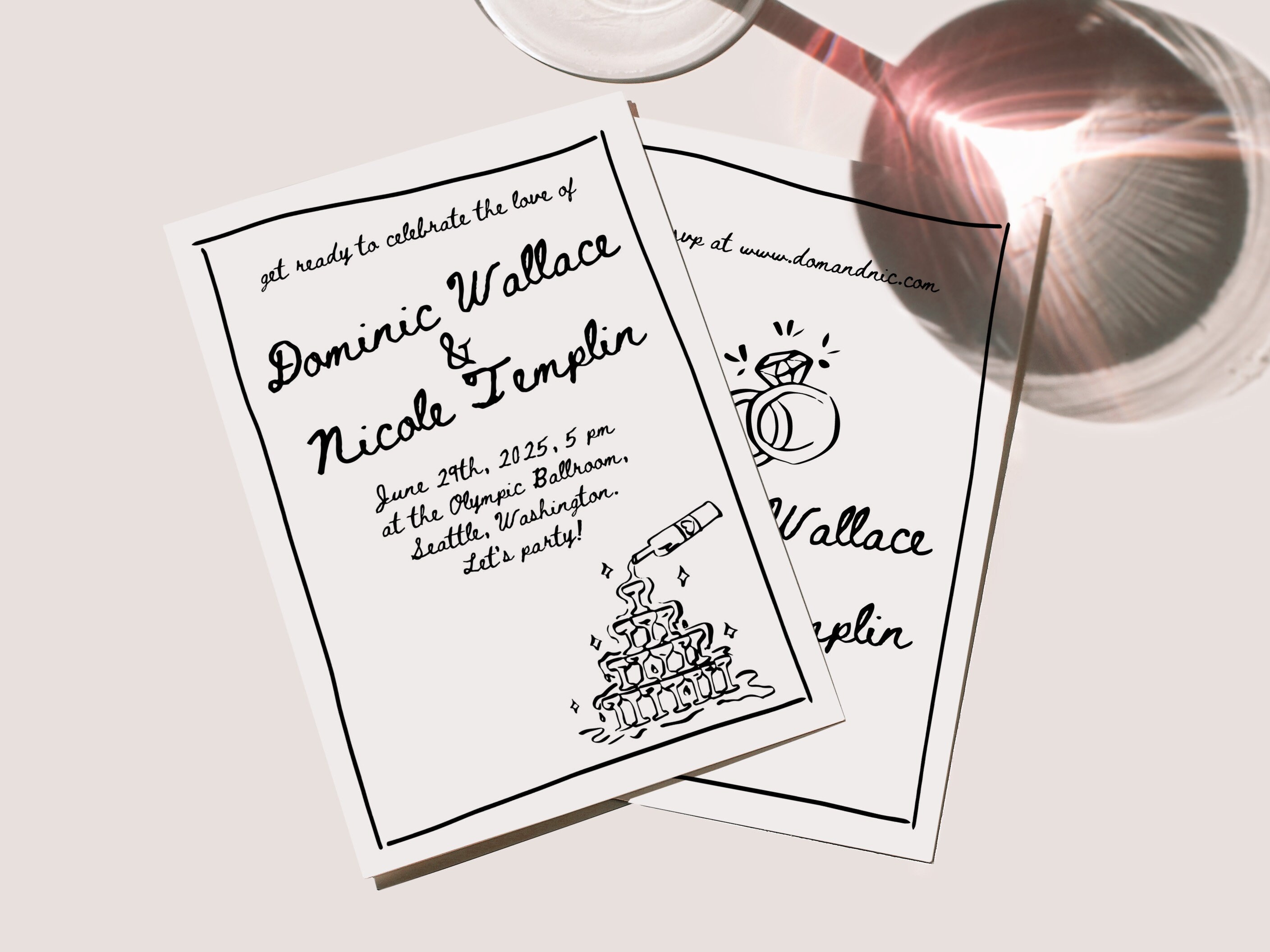 Hand Drawn Wedding Invitation Template With Champagne Tower Line ...