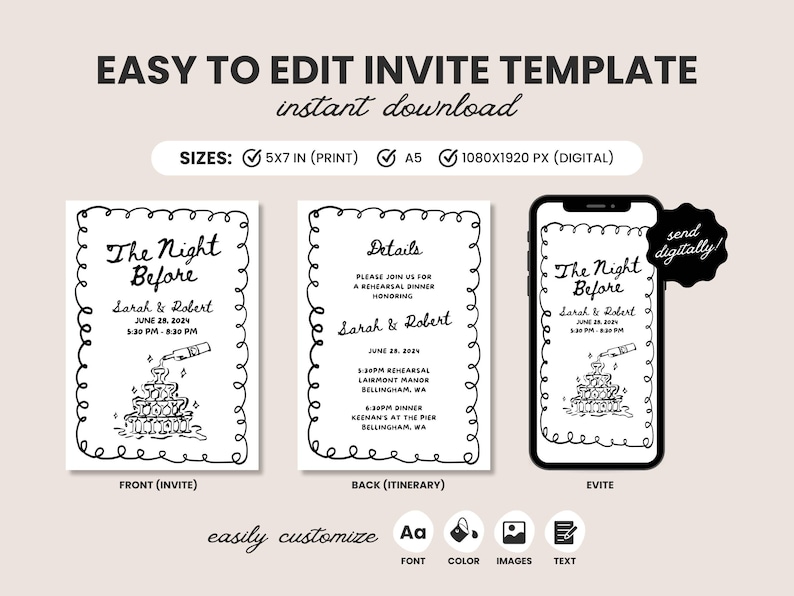 Hand-drawn Champagne Tower Rehearsal Dinner Invitation (editable ...
