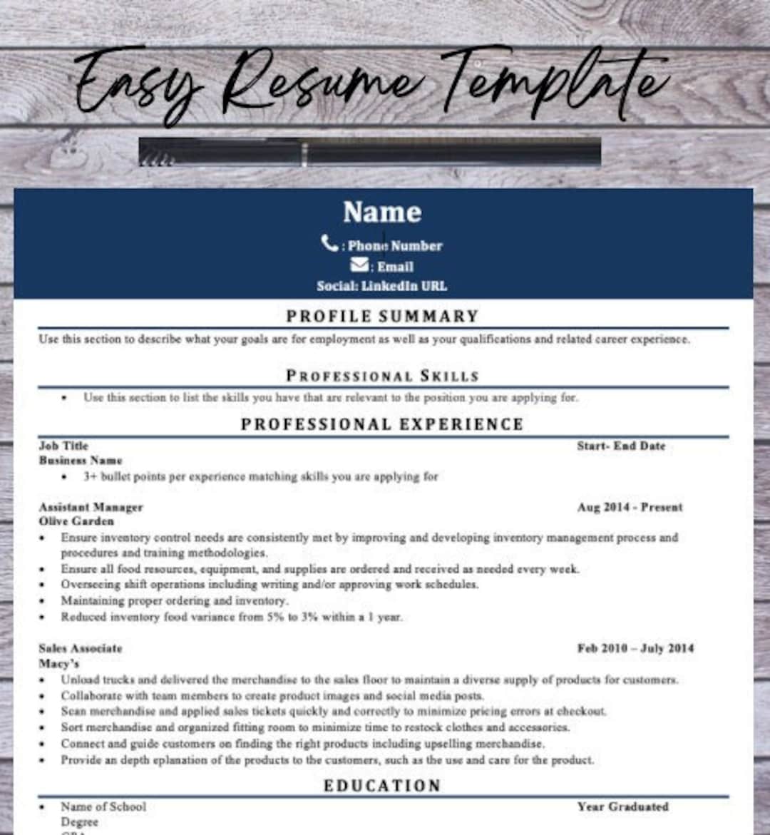 Easy Resume Template - Etsy