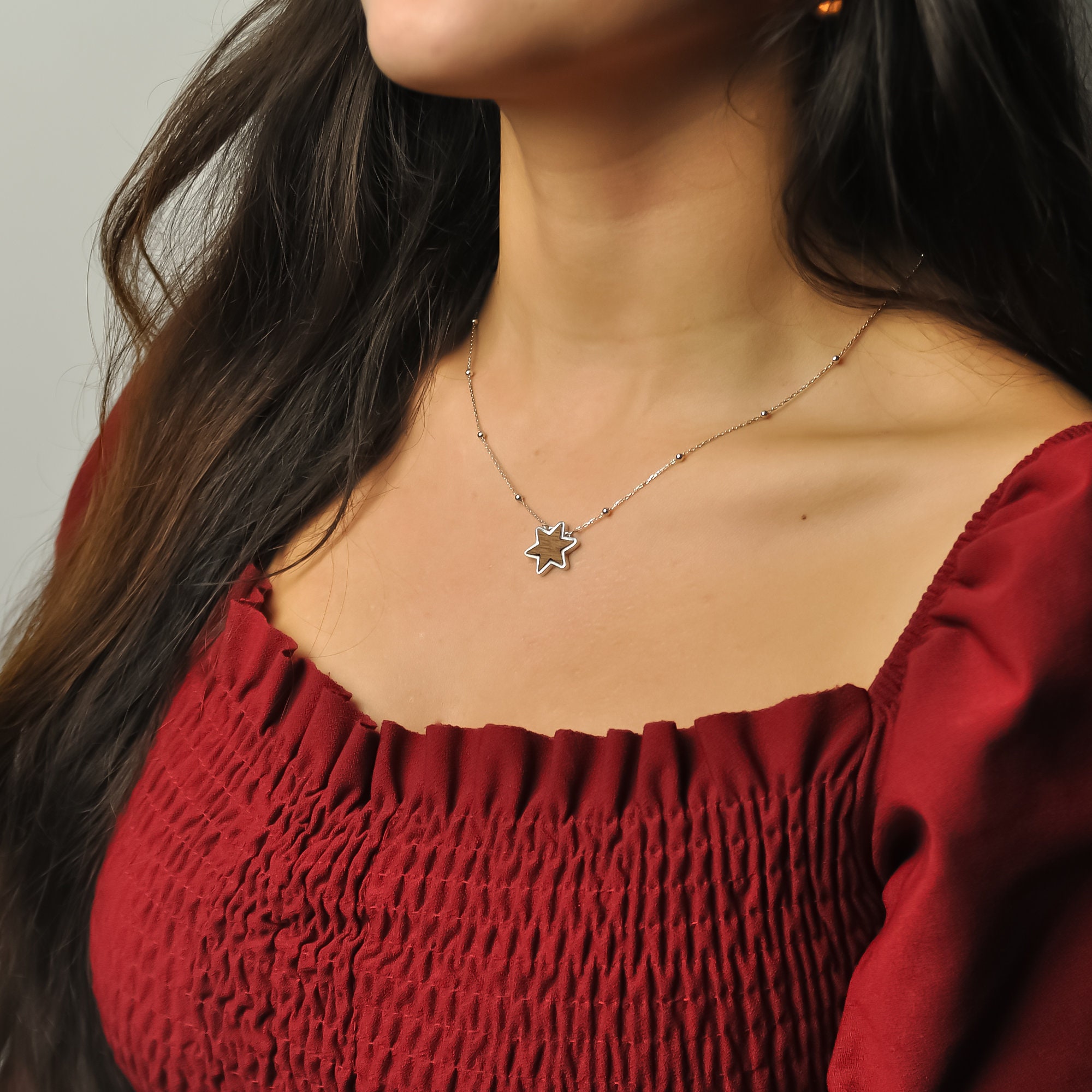 Gold Necklace, Two Sided Pendant Silver Necklace Wood Silver Necklace ...