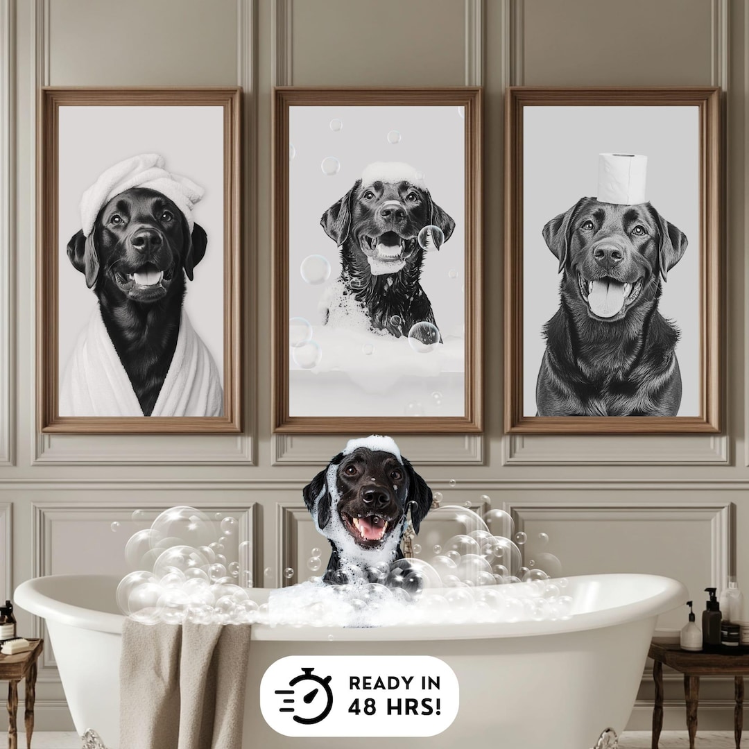 Custom Pet Bathroom Art Set of 3, Personalized Dog in Bathtub Prints ...