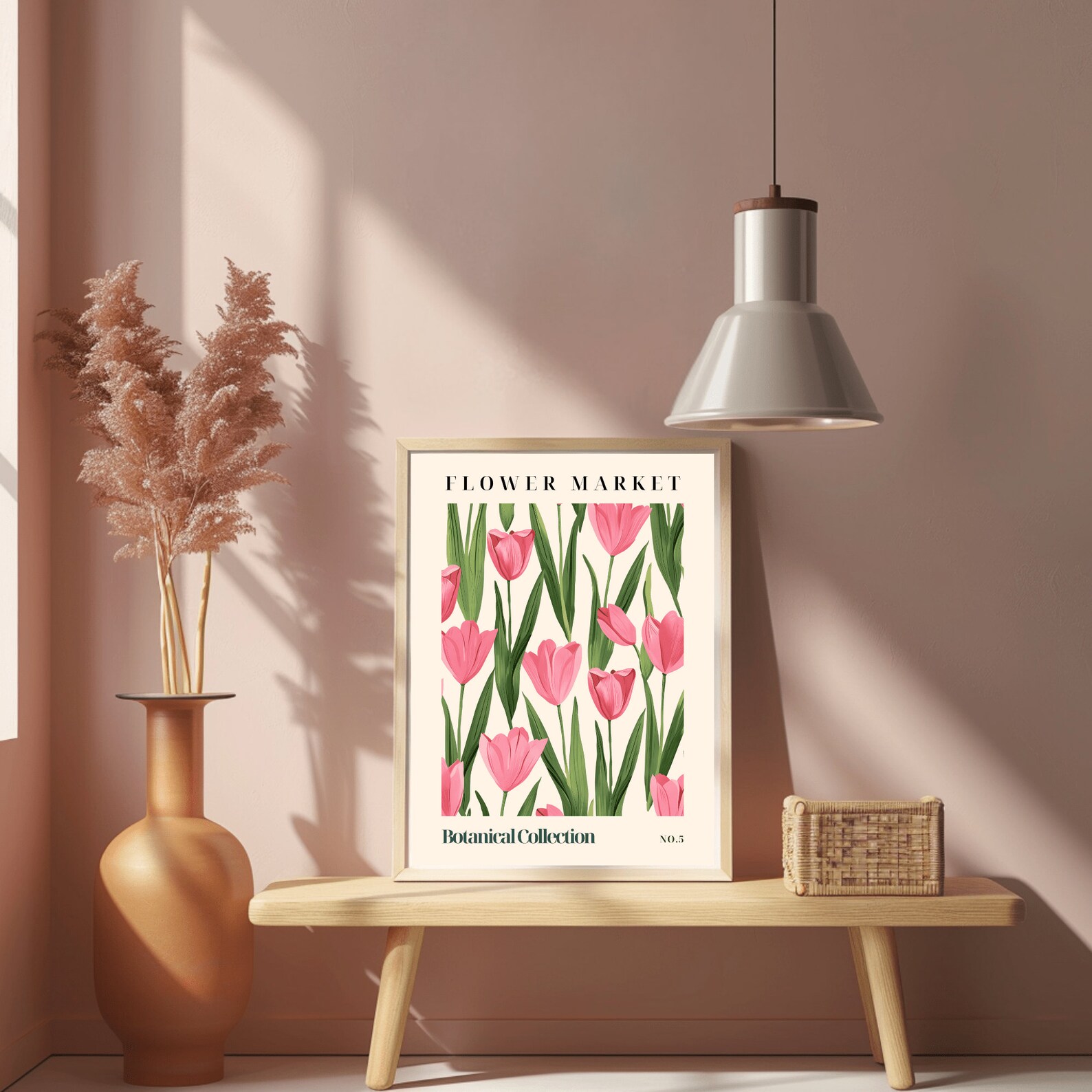 Flower Market Tulip Print, Boho Flower Wall Art, Large Pink Minimalist ...