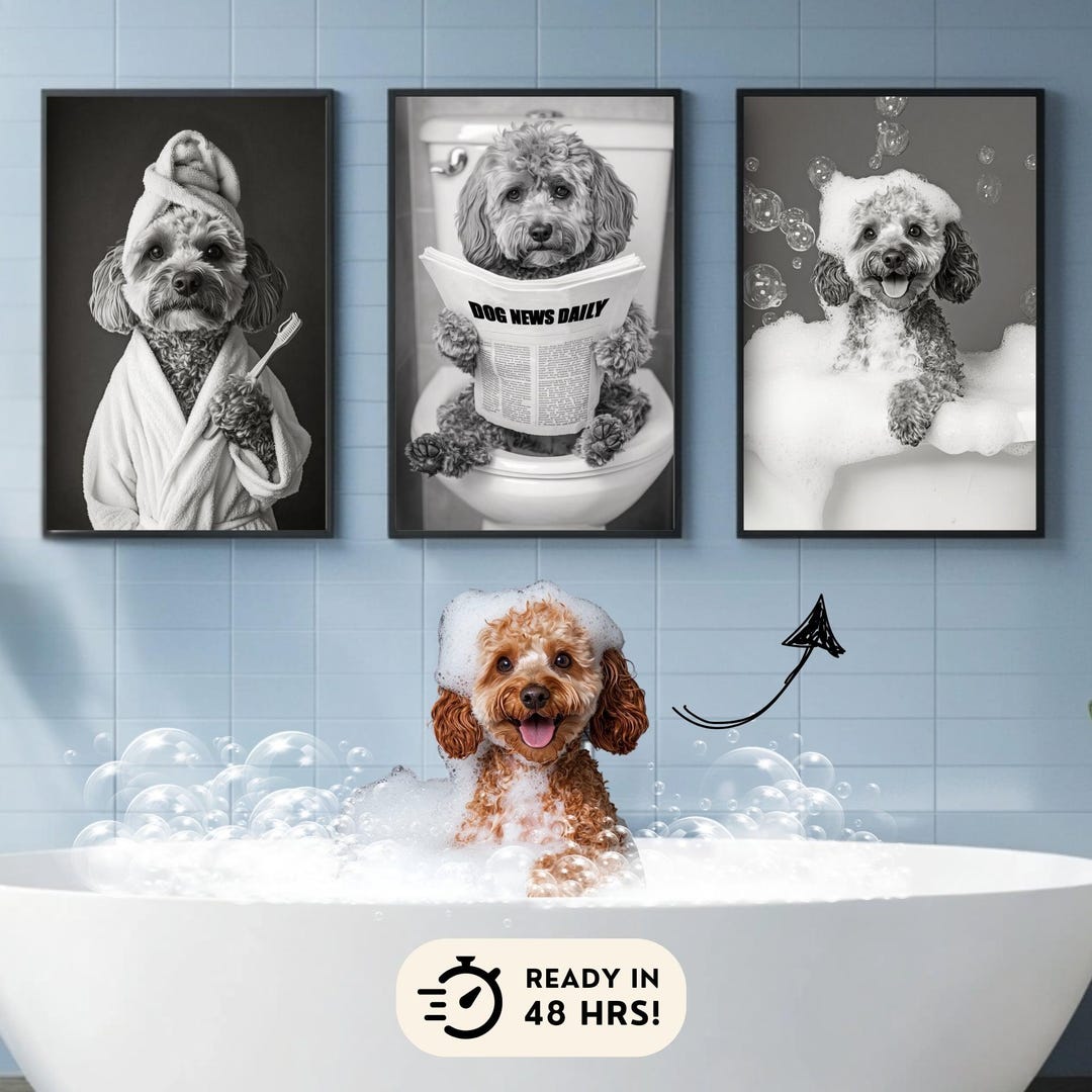 Custom Pet Portrait Bathroom Art: Cockapoo, Cavapoo Prints (set of 3 ...