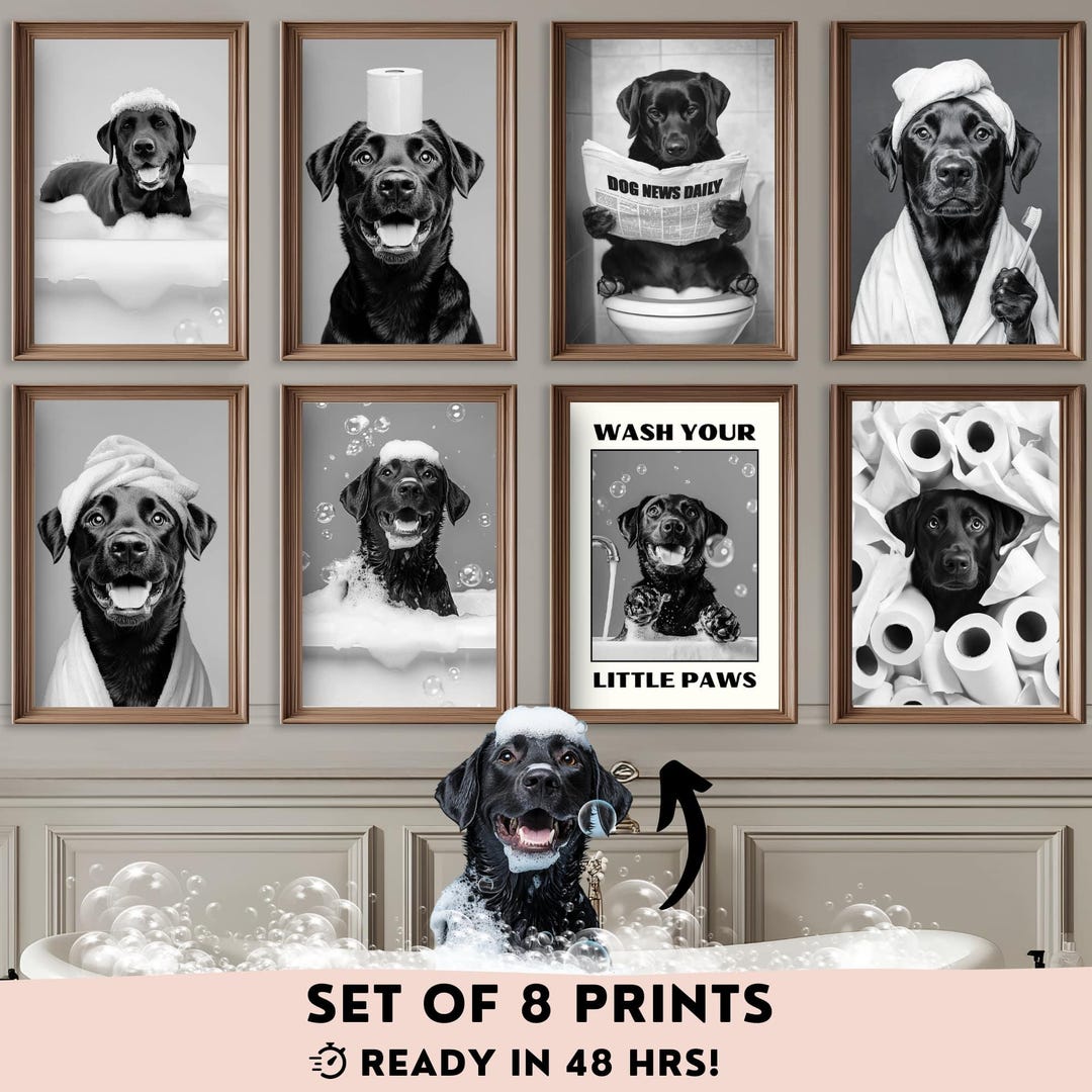 Custom Pet Portrait Photo Set of 8, Funny Dog in Bathtub Posters ...