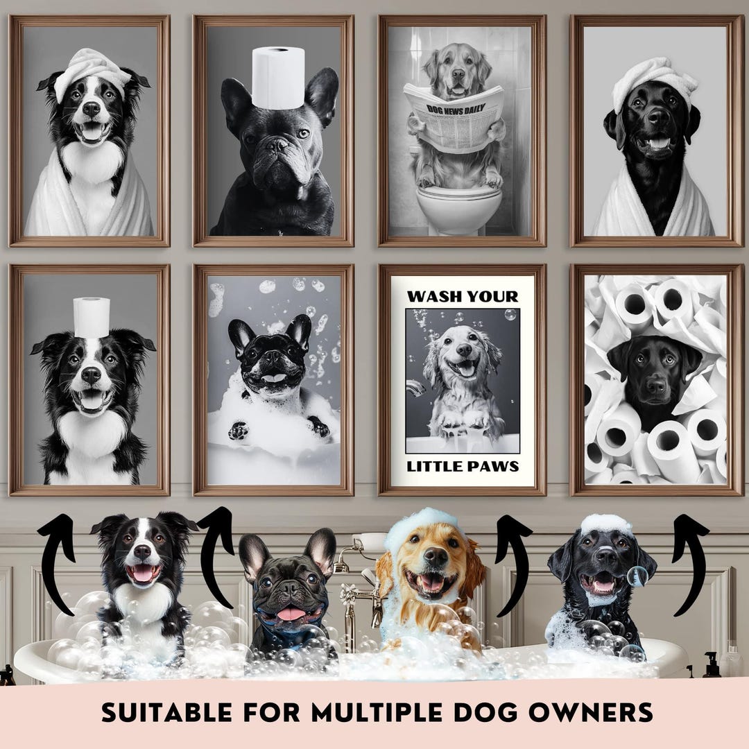 Custom Multiple Pet Portraits, Personalized Dog in Bathtub Prints Set ...