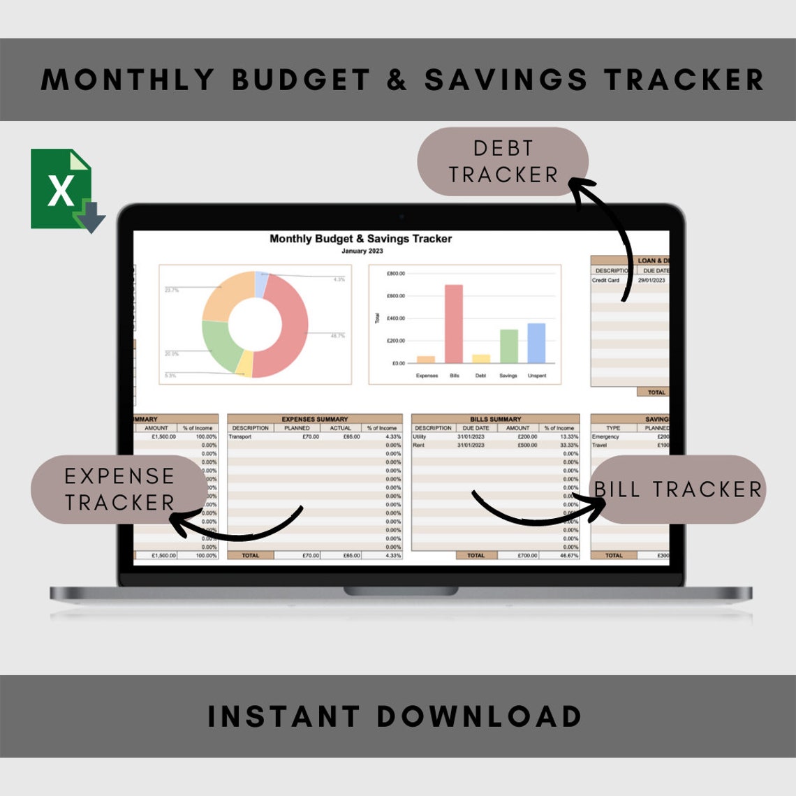 Microsoft Excel, Monthly Budget & Savings Tracker, 2023 Budget Planner ...