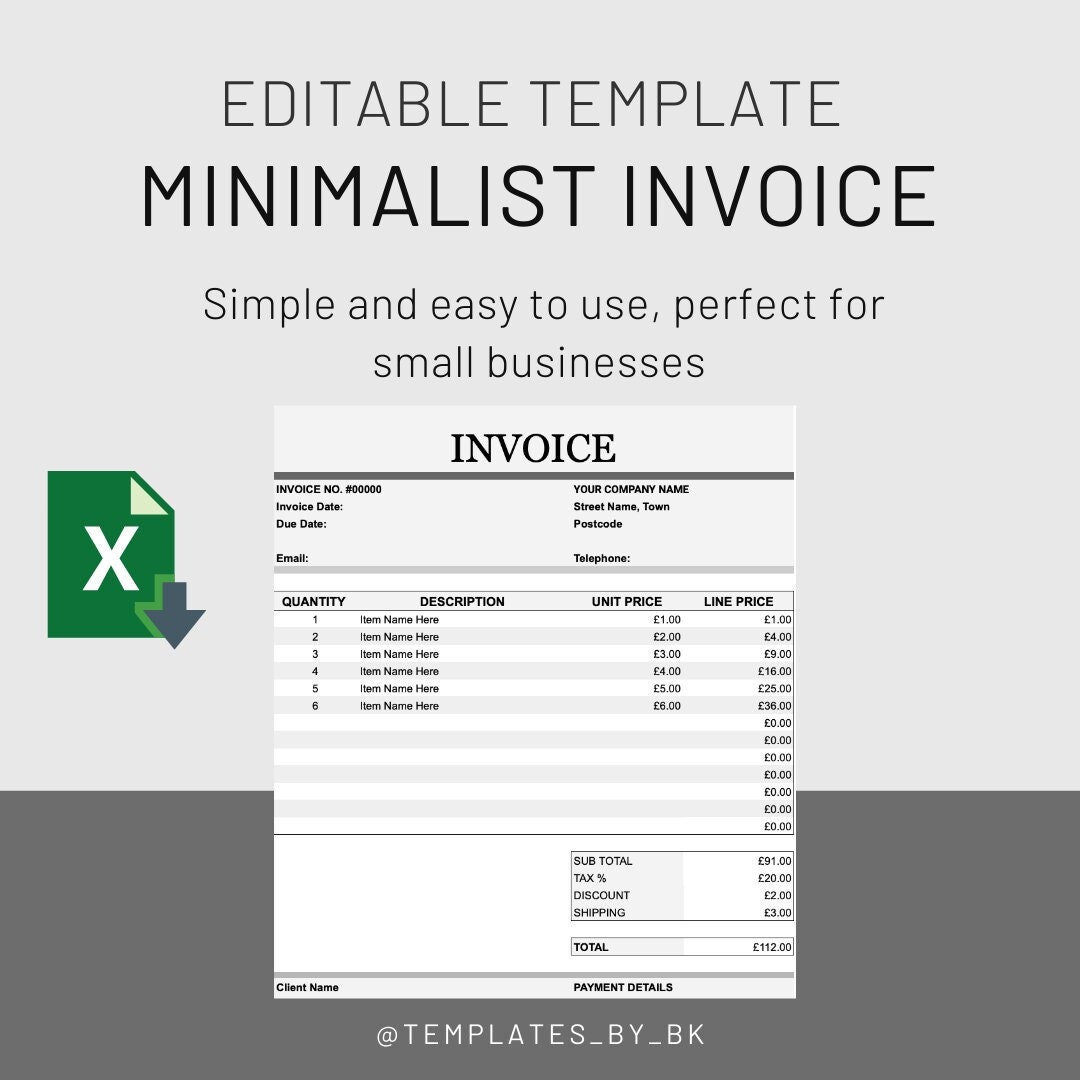 Microsoft Excel, Minimalist Invoice, Generic Invoice Template, Editable ...
