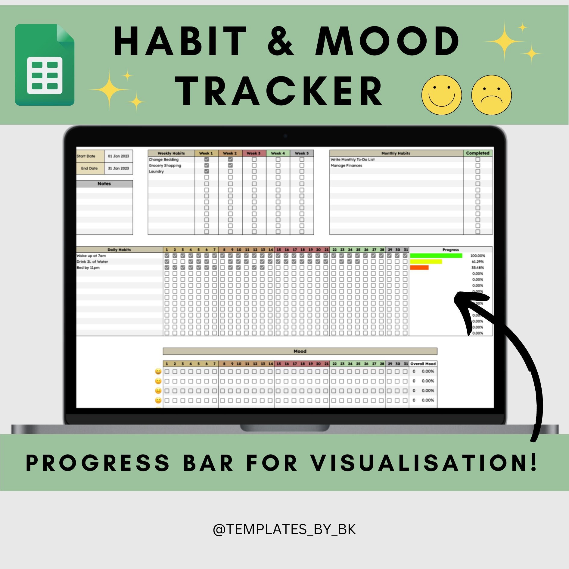 Habit Tracker Spreadsheet Template for Google Sheets Mood - Etsy