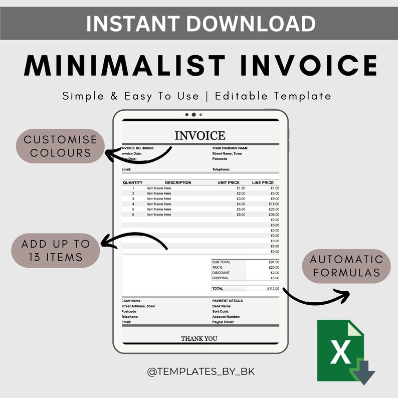 Microsoft Excel, Minimalist Invoice, Generic Invoice Template, Editable Template, Automatic ...