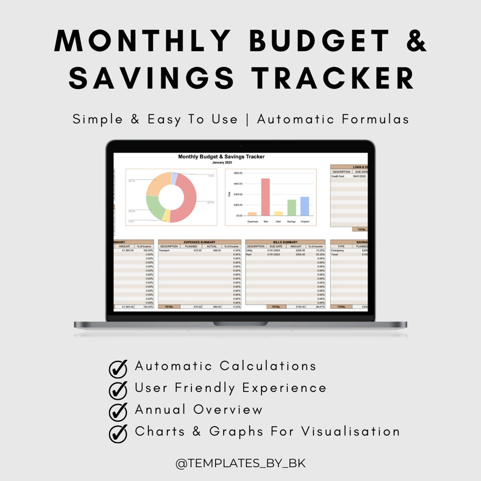 Microsoft Excel, Monthly Budget & Savings Tracker, 2023 Budget Planner ...