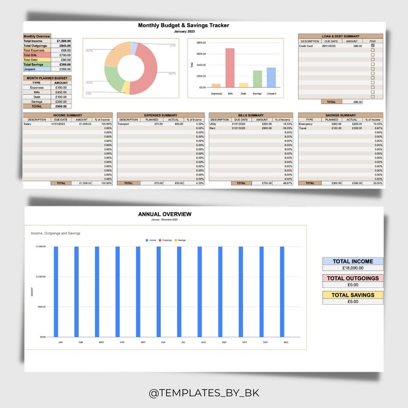 Microsoft Excel, Monthly Budget & Savings Tracker, 2023 Budget Planner ...