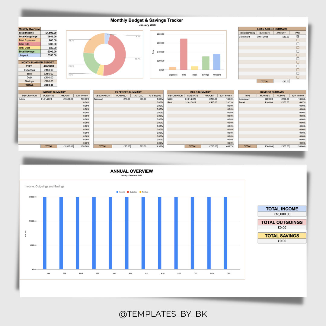 Microsoft Excel, Monthly Budget & Savings Tracker, 2023 Budget Planner ...