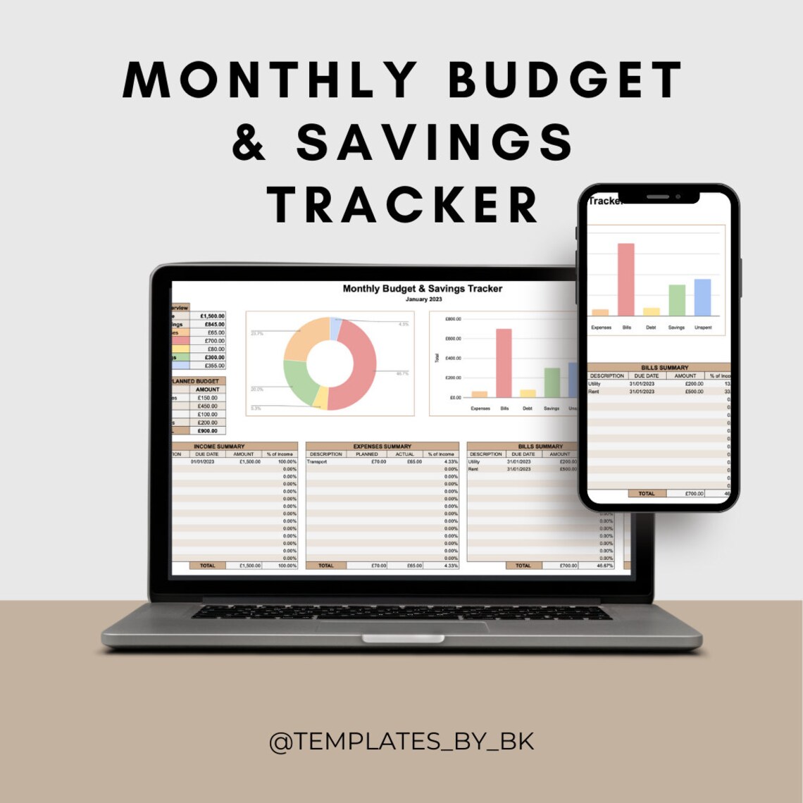 Microsoft Excel, Monthly Budget & Savings Tracker, 2023 Budget Planner ...