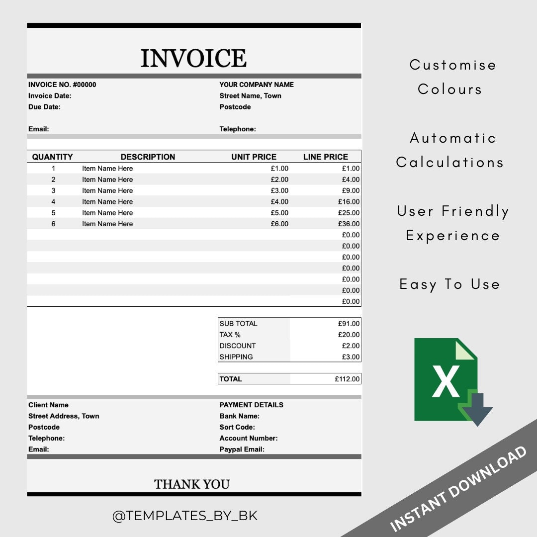 Microsoft Excel, Minimalist Invoice, Generic Invoice Template, Editable ...