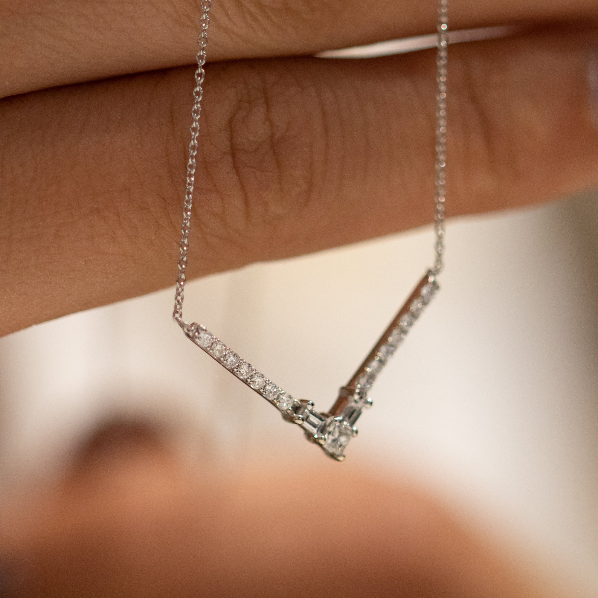 V Shaped Diamond Necklace, 14K White Gold Baguette Diamond Chevron ...