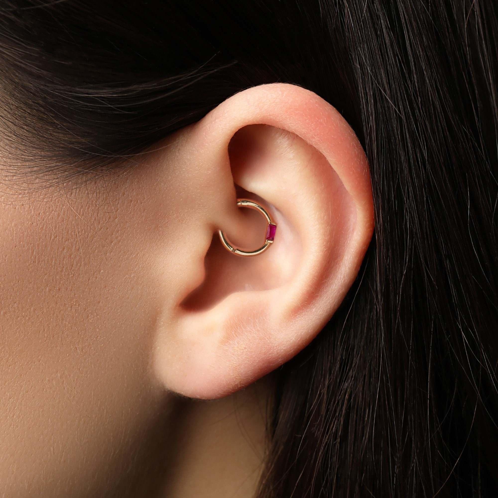Baguette Hoop Earring, 14K Solid Gold Dainty Cartilage Earring, 10MM ...