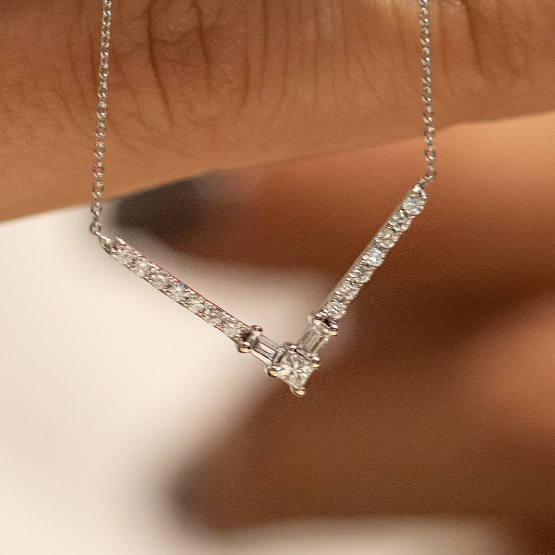 V Shaped Diamond Necklace, 14K White Gold Baguette Diamond Chevron ...