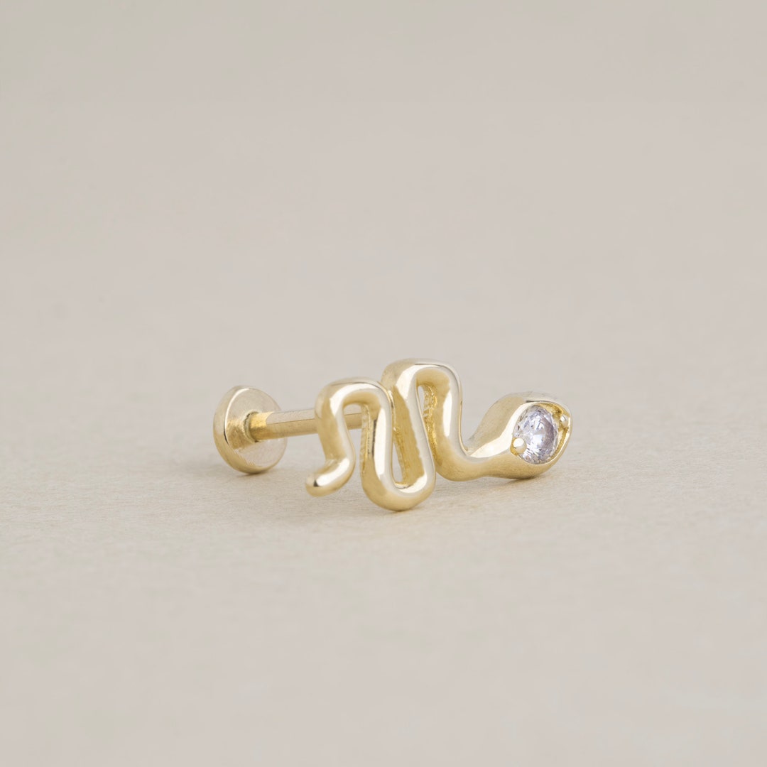 14K Gold Snake Piercing: Zircon Tragus Ear Stud, 16G - Etsy