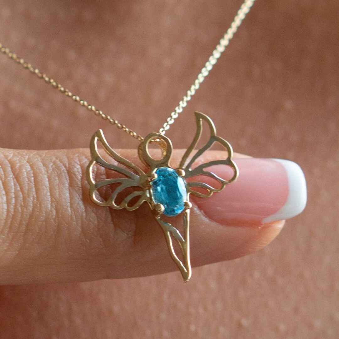 Blue Topaz Archangel Necklace, 14K Solid Gold Angel Necklace, Sky Blue ...