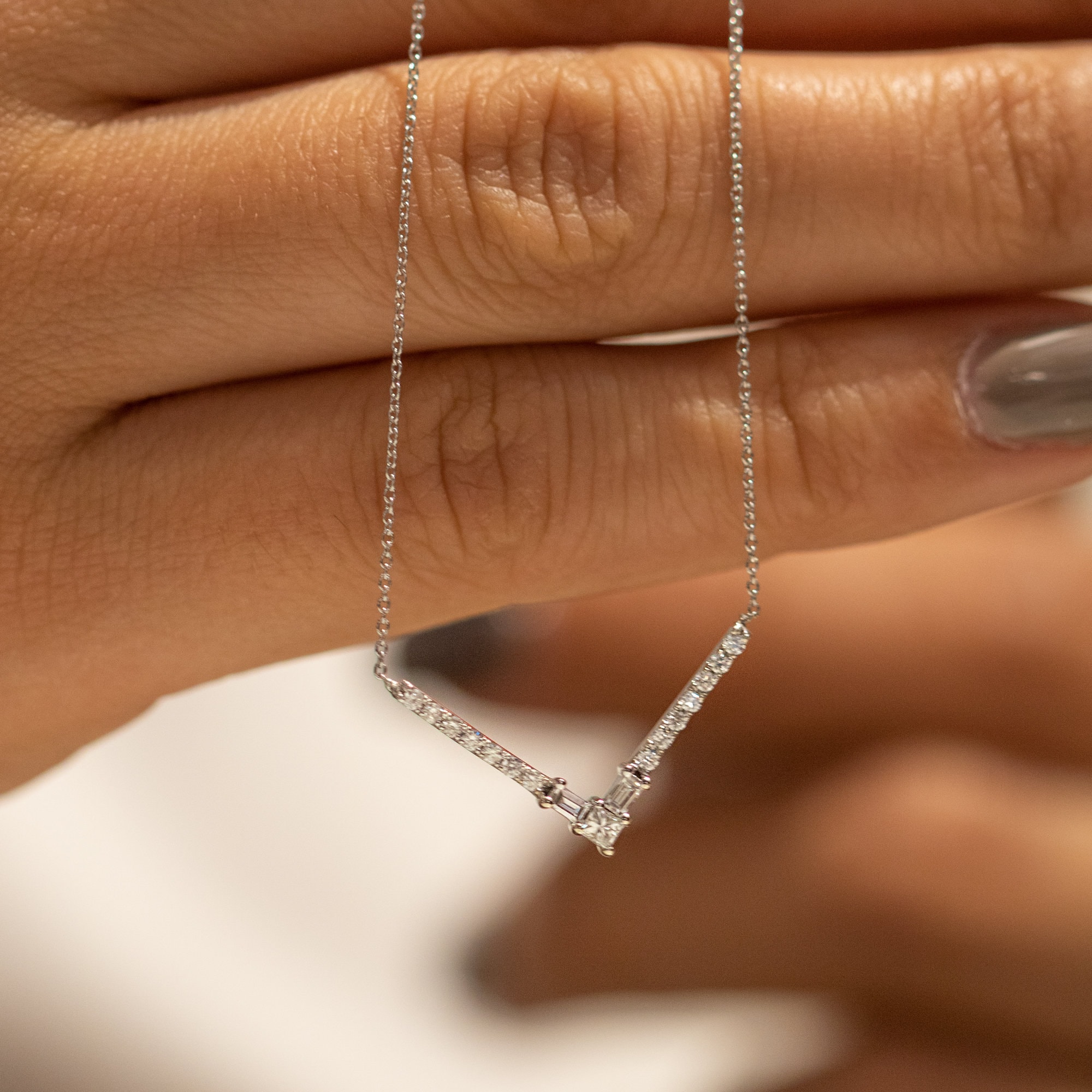V Shaped Diamond Necklace, 14K White Gold Baguette Diamond Chevron ...