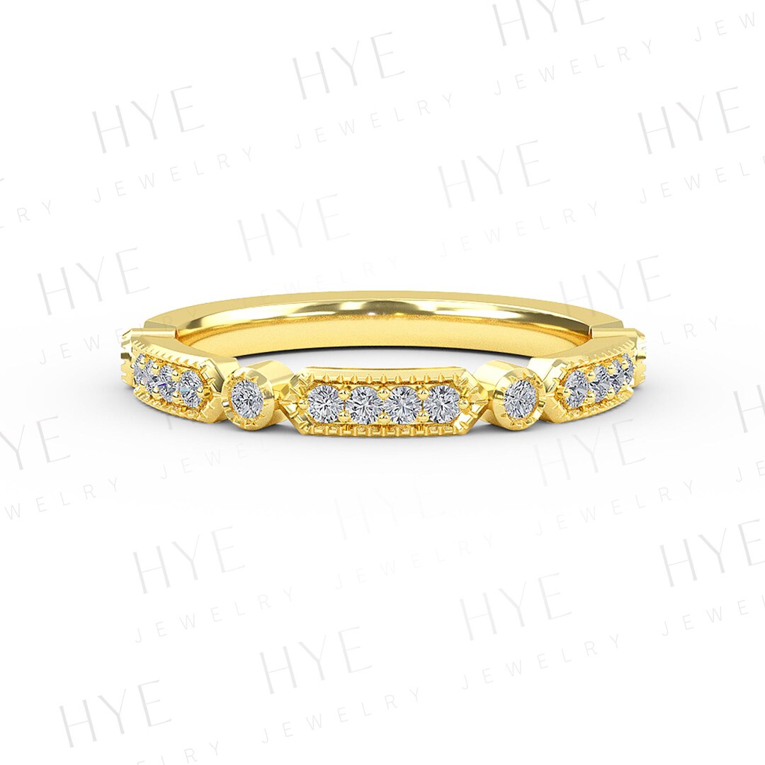 Art Deco Diamond Wedding Band: 14K Gold Stackable Ring - Etsy