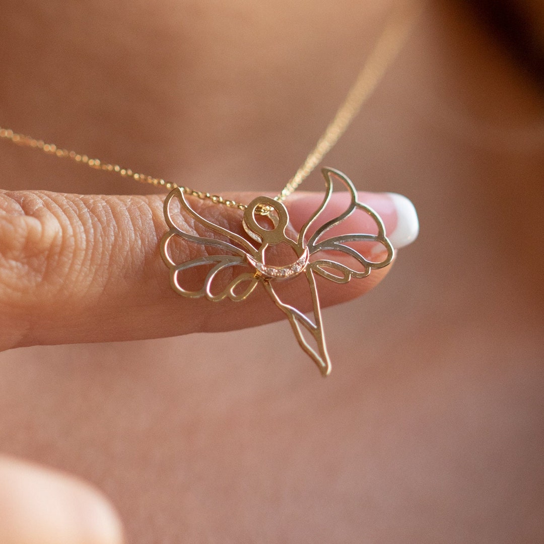 Archangel Necklace With Diamonds, 14K Solid Gold Angel Pendant, Dainty Protection Necklace, Good ...