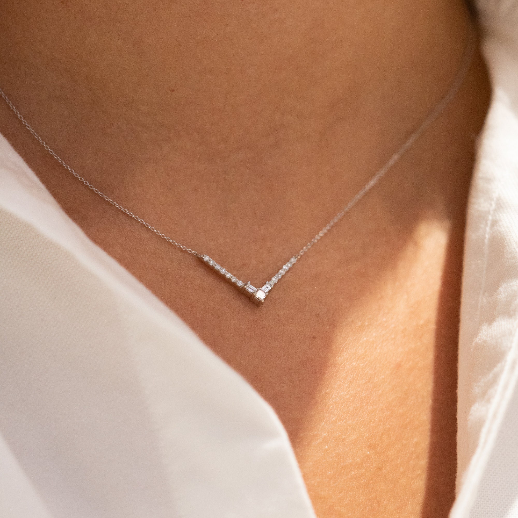 V Shaped Diamond Necklace, 14K White Gold Baguette Diamond Chevron ...