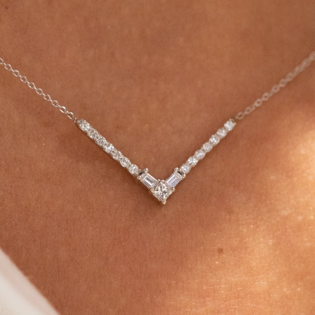 V Shaped Diamond Necklace, 14K White Gold Baguette Diamond Chevron ...