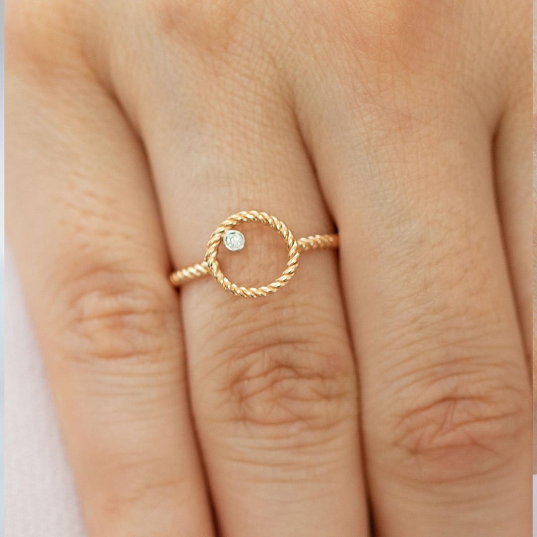 14K Gold Twisted Rope Diamond Ring: Minimalist Open Circle Jewelry - Etsy