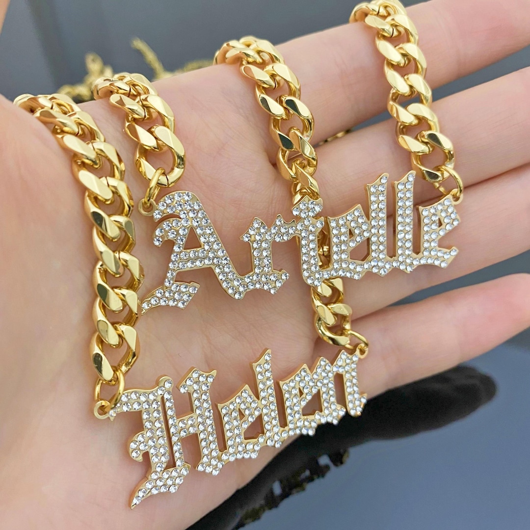 Old English Name Diamond Necklace, Bling Name Necklace, Gold Nameplate ...