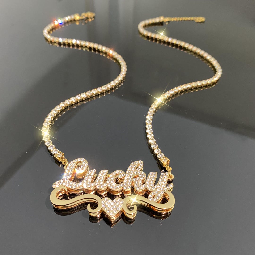 Double Name Plate Diamond Necklace, Custom Pave Name Necklace, Bling ...