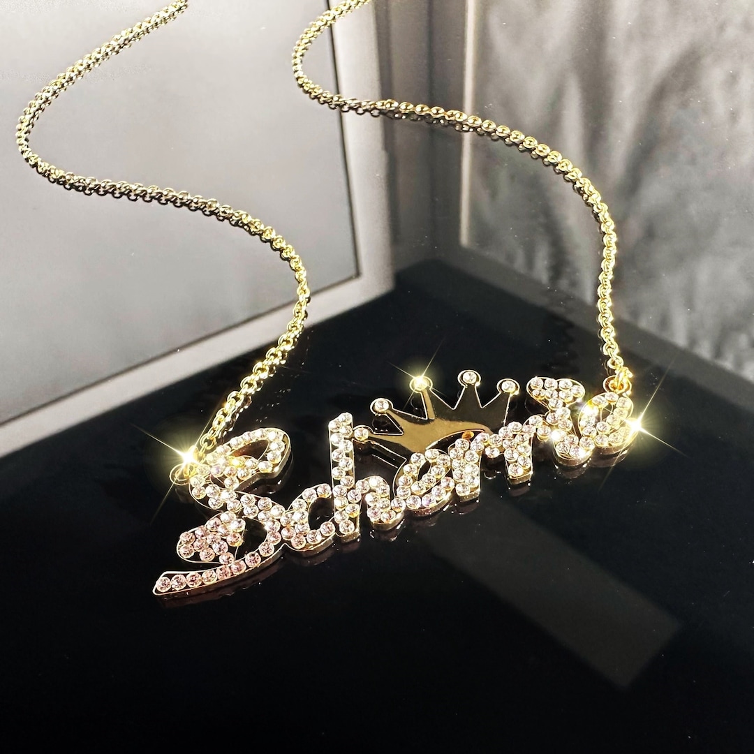 Diamond Nameplate Necklace With Crown, Bling Nameplate Necklace ...