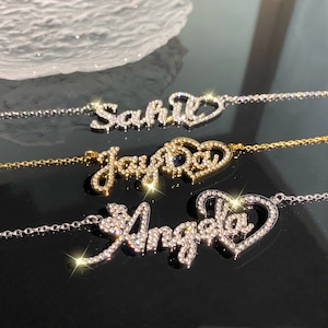 Script Diamond Name Necklace: Personalized Bling Nameplate With Heart ...
