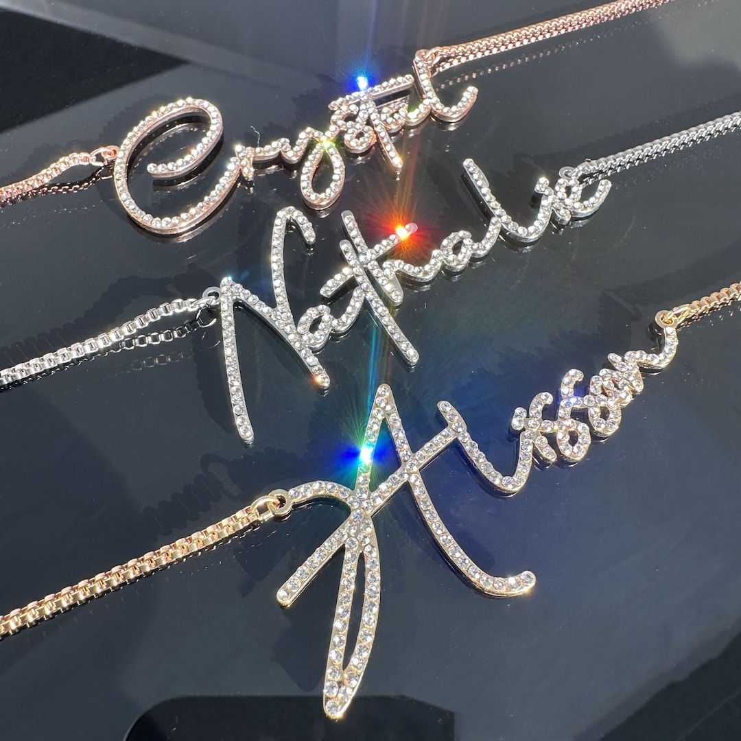 Bling Diamond Nameplate Necklace, Custom Script Name Necklace,bling ...