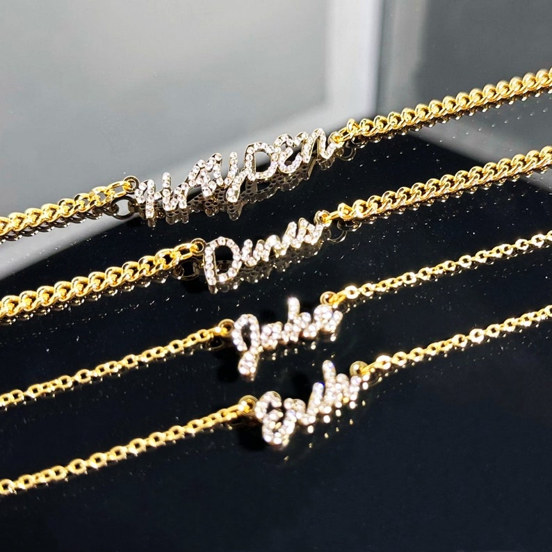 Dainty Diamond Name Bracelet: Personalized Crystal Bangle, Gold Women's ...