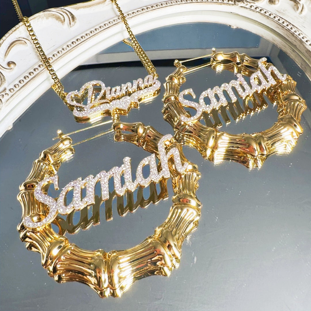 Bling Custom Name Earrings and Necklace Set: Bamboo Hoops, Nameplate ...