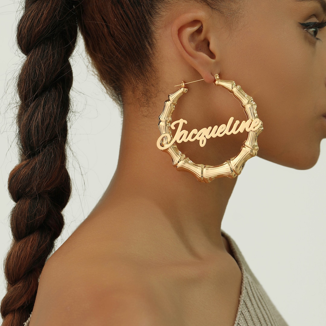 Custom Name Bamboo Hoop Earrings: 18K Gold Large Hoops, Personalized ...