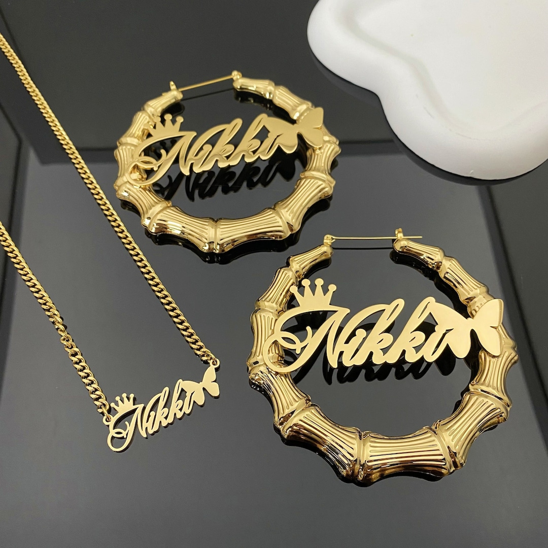 Custom Name Earrings Set, Name Earrings Gold, Bamboo Earrings, Hoop ...