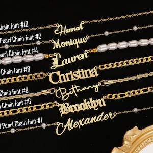 Personalized Pearl Chain Name Necklace: Custom 18K Gold Cursive Pendant ...